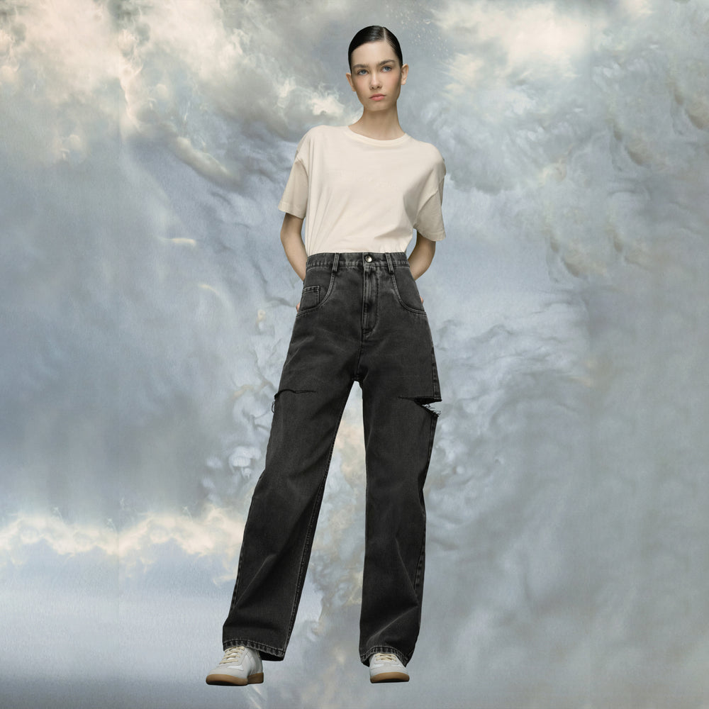 DENIM JEANS WITH SLASH DETAILS – OBLIGE